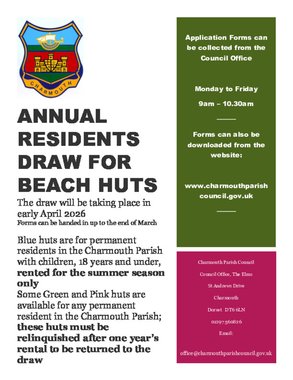Resident's Draw for Beach Huts 2026 | Charmouth Parish Council